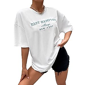 Verdusa Women's Letter Graphic Short Sleeve Drop Shoulder Oversized Tee Top White L