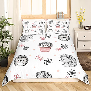 Feelyou Hedgehog Duvet Cover Kids Cute Hedgehog Bedding Set for Girls Teens Ultra Soft Kawaii Wild Animal Comforter Cover Set Polka Dots Bedspread Cover Room Decor Queen Size Bedclothes Zipper