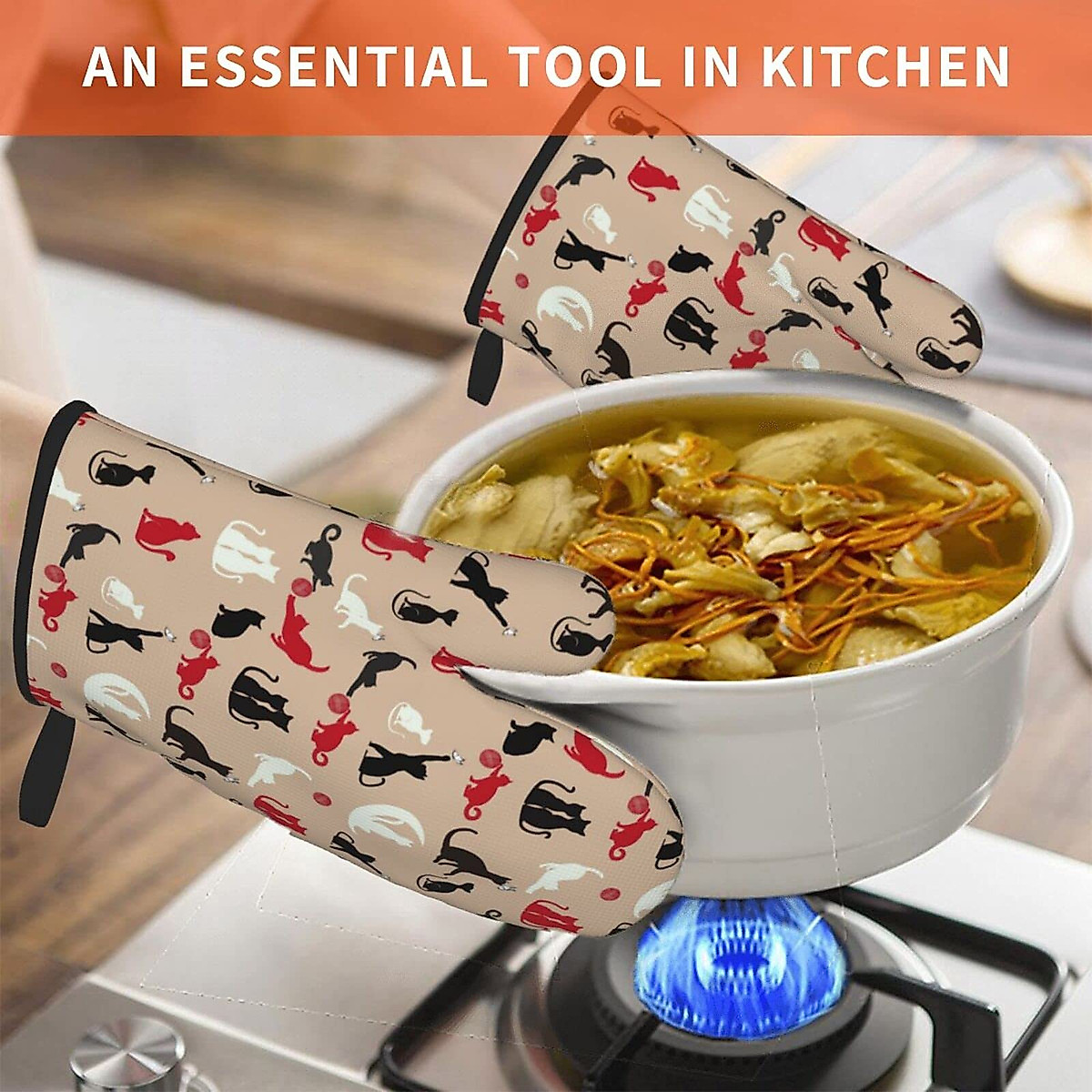 Cat Oven Mitts Set of 2 Birthday Gifts for Cat Lovers Waterproof and Non-Slip Shape Printed Kitchen Women Men Cooking Barbecue Microwave (Oven Mitts Cat, Khaki Mittens)