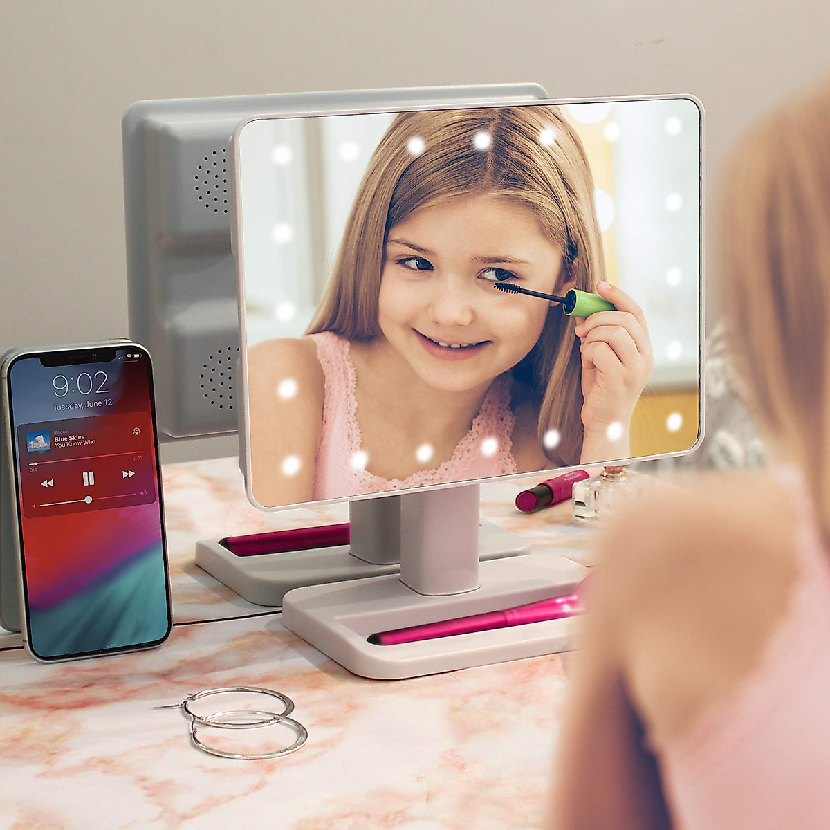 Aduro Vanity Mirror Makeup Mirror With Lights And Wireless Speaker, U-Reflect Beauty LED Wireless Swivel Smart Home Audio Mirror With Tray (White)