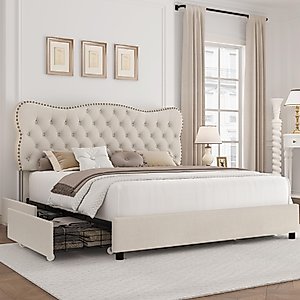 HOSTACK King Bed Frame with 4 Storage Drawers, Upholstered Platform Bed Frame with Button Tufted Headboard, Heavy Duty Mattress Foundation with Wooden Slats, No Box Spring Needed (Beige, King)
