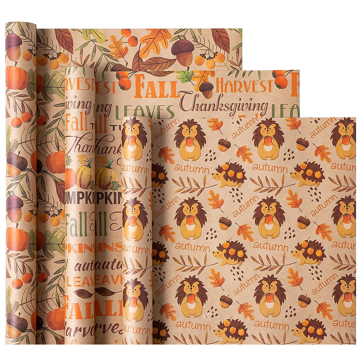 WRAPAHOLIC Kraft Fall Wrapping Paper - Mini Roll - 3 Rolls - 17 Inch x 120 Inch - Pumpkin, Hedgehog and Thanksgiving Lettering Design for Thanksgiving, Autumn, Party, Holiday