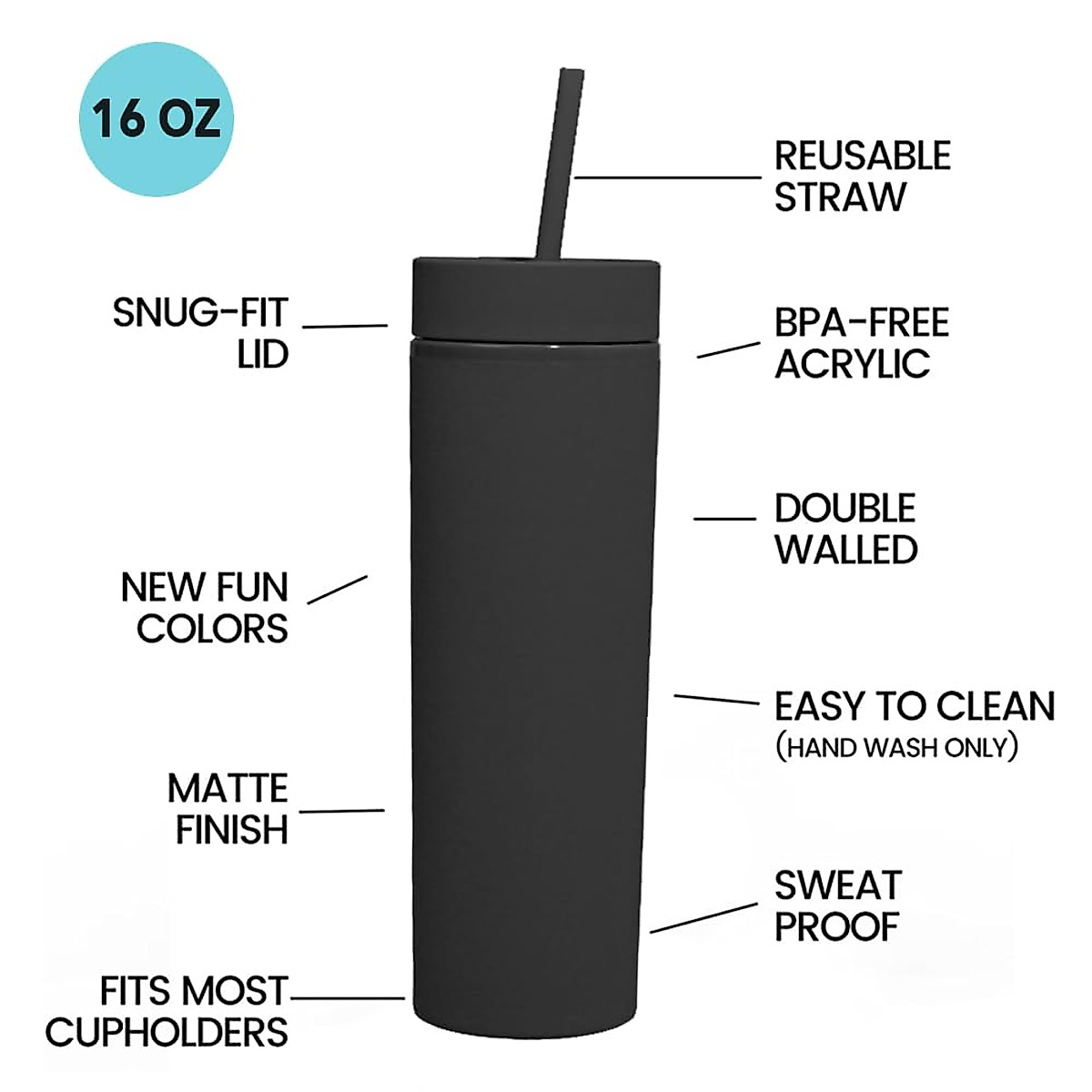 Skinny Tumblers with Lids and Straws Bulk.Matte Black Slim Tumbler Cups with Straws.16 oz Plastic Pastel Double Walled Acrylic Skinny Tumbler Set for Smoothie Ice Coffee.Customizable DIY Gift.