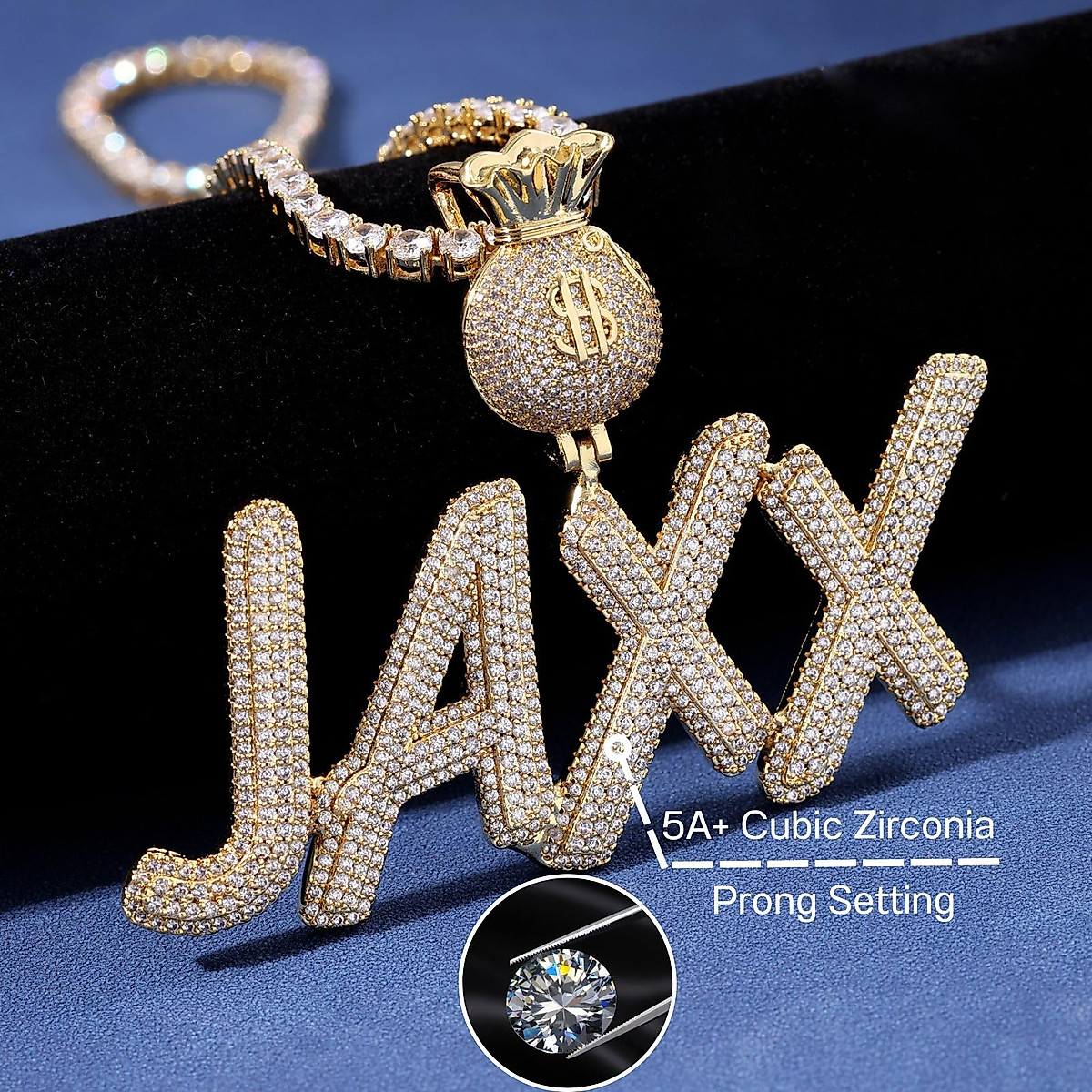 Lulu Mel Iced Out Custom Chain Initial Name Necklace,Hip Hop Jewelry 14k Gold Silver Handmade nameplate with 4mm Tennis Chain, Personalized Stainless Steel Cuban Link Chain For Man and Woman (Gold)