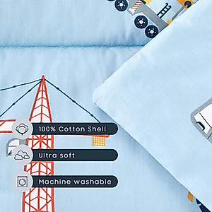 Wake In Cloud - Nap Mat with Removable Pillow for Kids Toddler Boys Girls Daycare Preschool Kindergarten Sleeping Bag, Cars Cranes Excavators Trucks Printed on Blue, 100% Cotton with Microfiber Fill