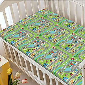 Car Race Track Themed Fitted Crib Sheet,Standard Crib Mattress Fitted Sheet Soft & Stretchy Fitted Crib Sheet-Baby Sheet for Boys Girls, 28“ x52“,Multicolor