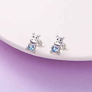 S925 Sterling Silver Cute Animal Hippo Hippopotamus Blue Cubic Zirconia Love Heart Stud Earrings Gifts for Women Teenager