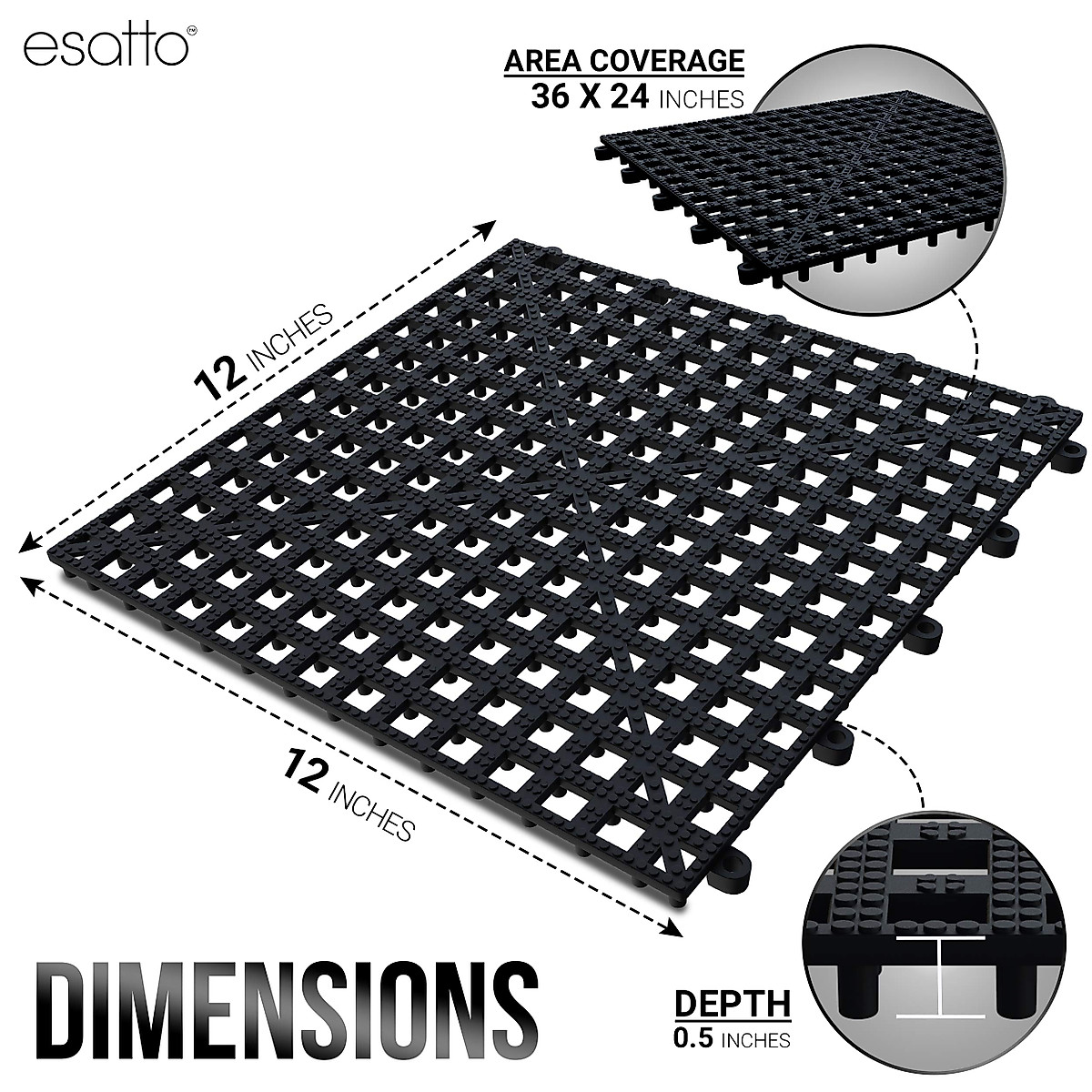 Esatto 6 Pack Interlocking Shelf Mats 12″, Black – for Spills, Clean Bars, Stain Protection, and an Anti-Slip Surface