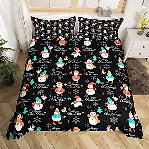 Feelyou Merry Christmas Tree and Snowman Bedding Set for Kids Boys Girls Snowflake Comforter Cover Set Queen Size Merry Christmas Duvet Cover Bedroom Decor Bedspread Cover Bedding Collection 3Pcs
