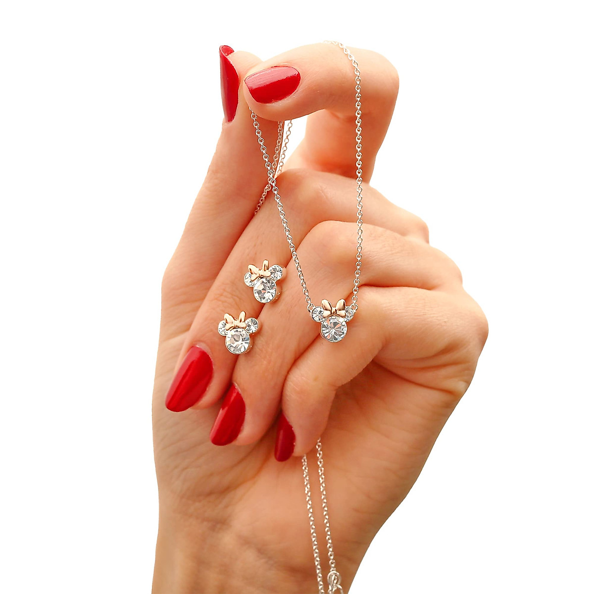 Disney Crystal Minnie Mouse Necklace and Stud Earrings- Silver Plated Minnie Mouse Earrings and Matching Necklace 18" Jewelry