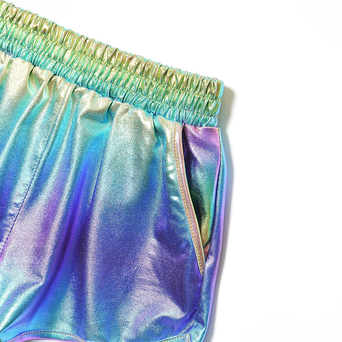 Metallic Shorts for Big Girls Dance Shorts Shiny Hot Pants 12 13 Rainbow with Sunglass