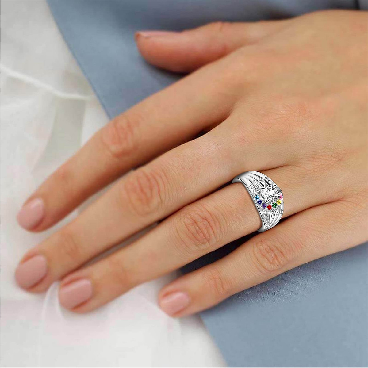 BAUMA AUTO Sterling Silver Personalized Mothers Ring with 1-8 Simulated Birthstones Engraving Family Name Ring for Mother Grandma