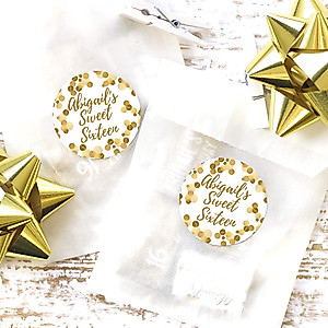 Personalized White and Gold Sweet 16 Birthday Party Favor Stickers with Name - Custom Envelope Seals, Bag Stickers - 1.75 in. Round - 40 Labels