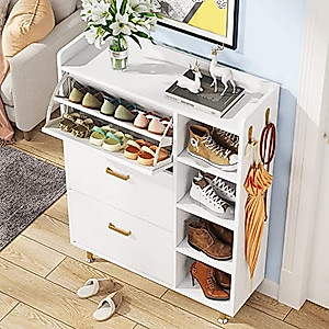 LITTLE TREE Shoe Cabinet, Freestanding Shoes Storage Cabinets with 3 Flip Drawers and Open Shelves for Entryway