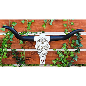 Ebros 27.5" Wide Southwest Rustic Off White Steer Bison Buffalo Bull Cow Horned Skull Head With Scroll Lace Filigree Design Hanging Wall Mount Decor Native Animal Totem Bust Skulls Western Accent
