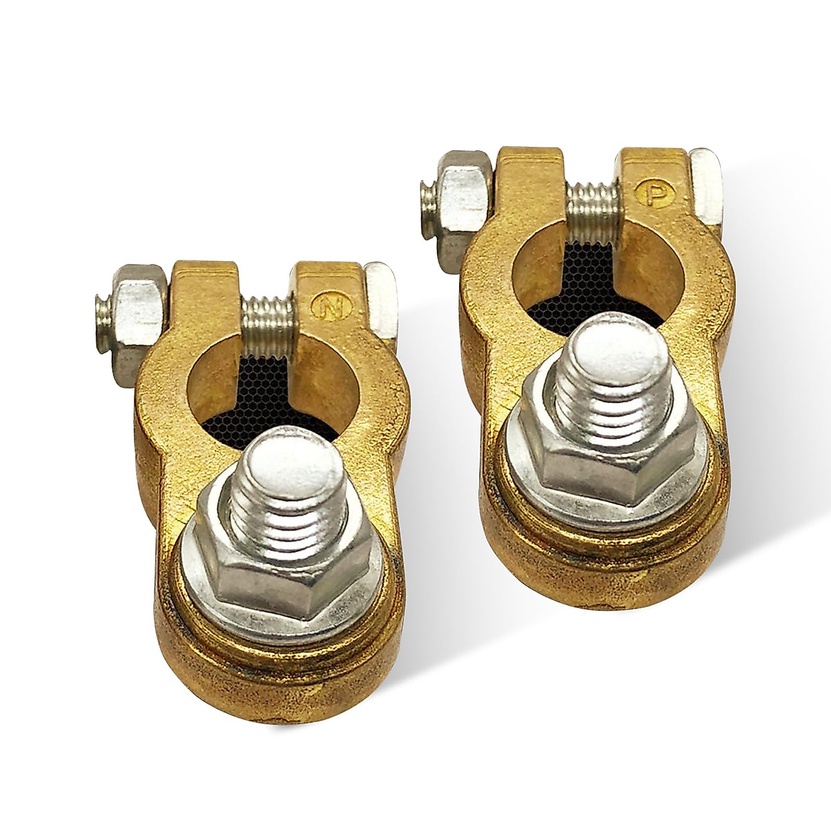 Hawyet 2 PCS Car Terminals Connectors Clamps, Brass Terminal Protector Set, Universal Terminal End Clamp Set for Marine Car Boat RV Vehicles (Gold)