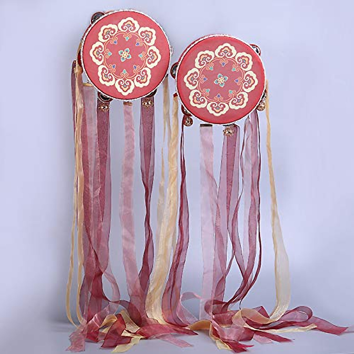 Hanfu Hand Drum with Red Ribbon Retro Tambourine Ancient Accessories Hand-Held Ribbon Drum