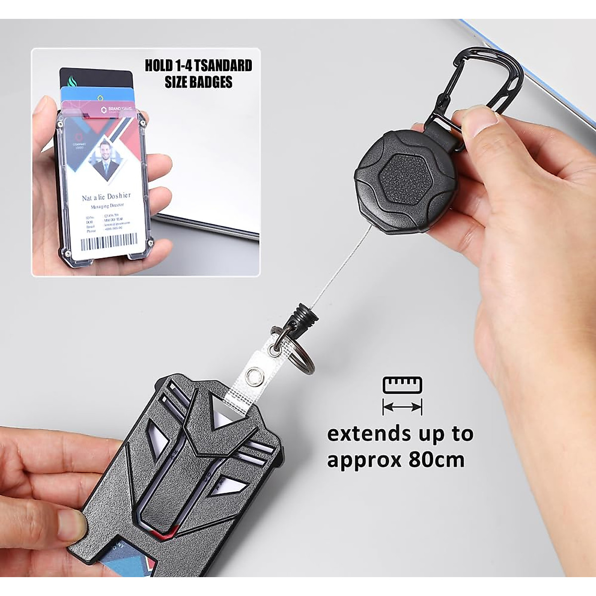 Badge Holder Retractable Clip Heavy Duty Carabiner Badge Reel Keychain with Id Cards Holder Cool Tactical ID Holder