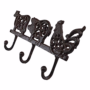 Ebros Cast Iron Filigree Scroll Patterns Rustic Barn Animals Chicken Pig and Cow 3 Peg Wall Hooks Western Vintage Farmhouse Multi-Purpose Hanger Plaque for Coats Hats Keys Clothing Towel Pet Leash