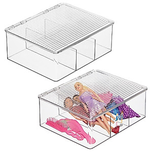mDesign Plastic Stackable Toy Storage Bin w/Hinged Lid, 3 Divided Compartments; for Organizing Playroom, Kids' Room; Container for Small Toys, Craft and School Supplies + 24 Labels - 2 Pack - Clear