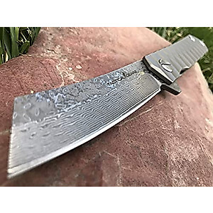 TACTICAL GEARZ Custom Damascus Steel EDC Pocket Folding Knife, Solid Tc4 Titanium Handle! Includes Sheath! For Outdoor Camping, Hiking, Gifts for Men, Birthday Gifts (Silver XS)