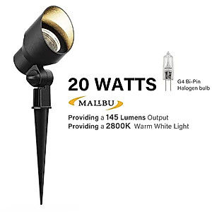 Malibu Low Voltage Landscape Lighting 20W Outdoor Spotlight G4 Halogen Bulb Weatherproof Lights for Low Voltage Landscape Lighting Floodlight Driveway, Yard, Lawn, Flood, Garden
