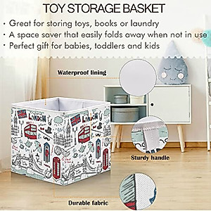 visesunny Rectangular Storage Bins London Landmark Lettering Storage Baskets Canvas Fabric Storage Boxes Foldable Nursery Basket for Clothes,Books,Toys,Shelves,Gifts
