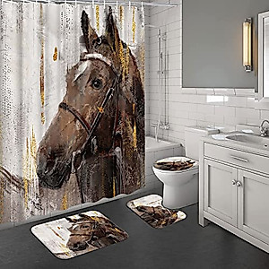 SiMiWOW Horse Shower Curtain Western Cowboy Shower Curtain Set with Rugs Wild Animal Shower Curtain with Hooks,Brown Horse Bath Mat Bath Rugs Bathroom Decor Set of 4 Pieces