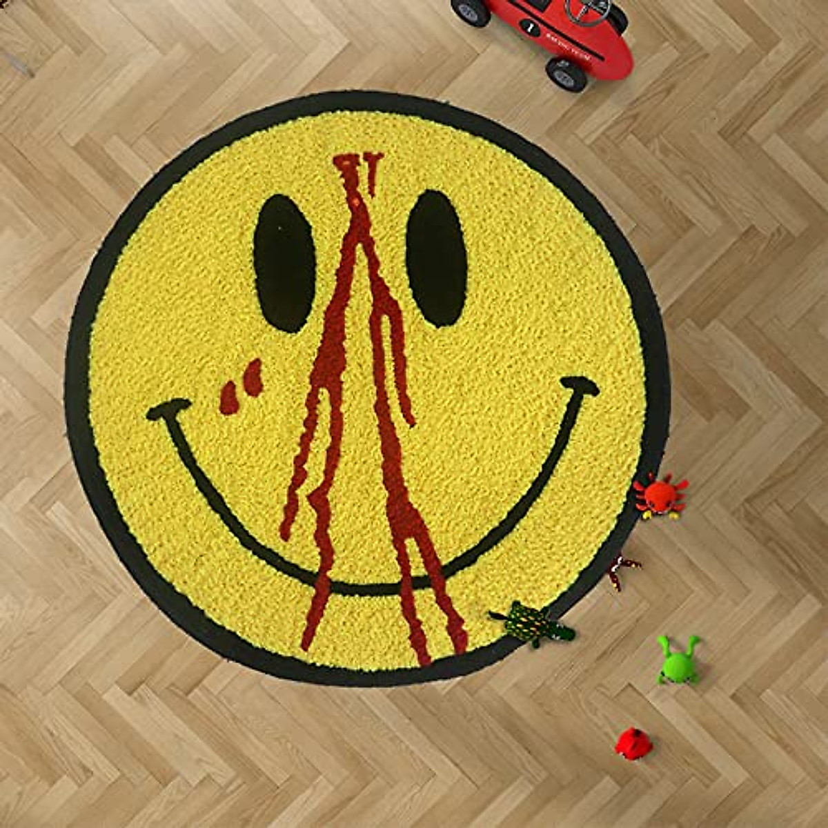Lotus Atelier 20 in. Smiley Face Rug Fashion | Rugs for Bedroom Teen Room Decor | Hypebeast Rug Smiley Face Bullet Hole | Bathroom Rugs | Aesthetic Home Decor