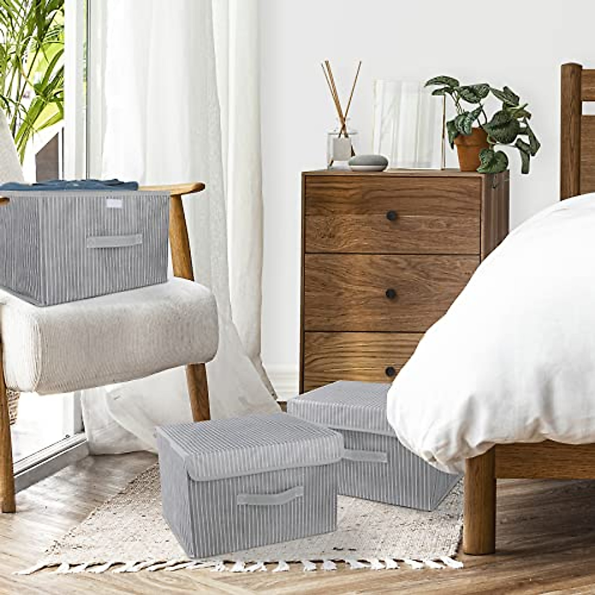 DK.AMZ Foldable Storage Bins with Lids, Fabric Storage Basket for Shelves with Handles, Collapsible Closet Organizer for Home Office, 3-pack, 15 x 9 inches, Gray & White