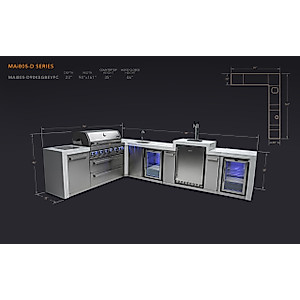 Mont Alpi MAi805-D90KEGBEVFC 44-inch 6-Burner 115000 BTU 90 Degree Deluxe Stainless Steel Gas Outdoor Kitchen Island Grill + Compact Refrigerator + 3 Beer Tap Keg Dispenser + Rotisserie Kit + Storage