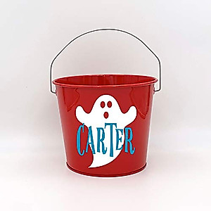 Personalized Halloween Ghost Name Pail - Choose The Color - Metal Pail Bucket Basket Bag for Girls and Boys