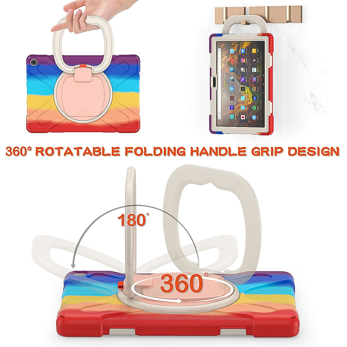 360 ° Rotation Portable Case for Fire HD 10 & 10 Plus Tablet (11th Generation, 2021 Release) Rugged Case Rotating Stand Hand Strap Shoulder Carrying Strap Outdoor Cover (Colourful Red)