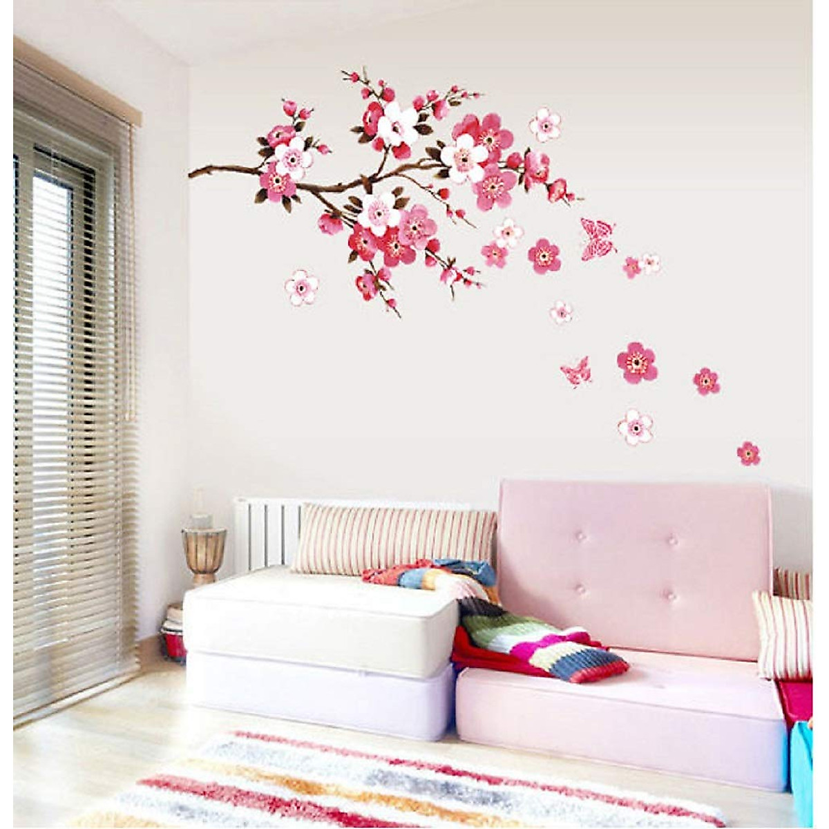 SWORNA Nature Series Branch Pink Flowers & Butterfly Removable Vinyl Mural Wall Art Decor Home Stickers Decals Bedroom/Hallway/Sitting/Living Room/Kids Nursery (29.5’’H X 65’’W, Brown & Pink,X-L)