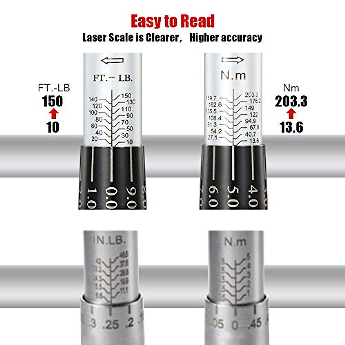 ARUCMIN 1/2-Inch Drive Click Torque Wrench (10-150 ft.-lb./13.6-203.3 Nm) Dual-Direction Adjustable Torque Wrench Set