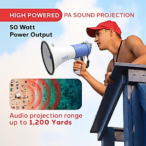 Pyle Megaphone PA Bullhorn Speaker - Built-in Siren 50 Watts Rechargeable Battery- 10 Sec Record Function for Football Baseball Basketball Cheerleading Fans Coaches or for Safety Drills - (PMP59IR)