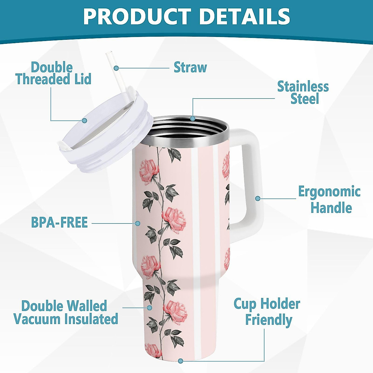 Adornlife Pink Striped Rose 30 oz Tumbler with Handle and Straw Lid, 100% Leak-proof Travel Coffee Mug, Stainless Steel Insulated Cup For Beverages, Cupholder Friendly