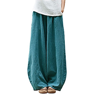 IXIMO Women's Casual Cotton Linen Baggy Pants with Elastic Waist Relax Fit Lantern Trousers (Blue, XX-Large)