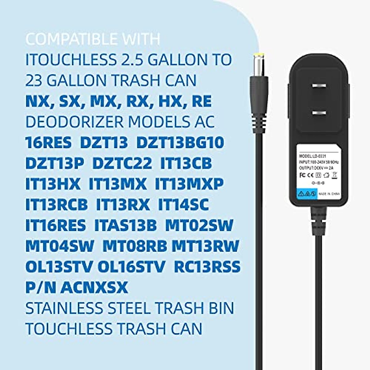 6V AC Power Adapter for iTouchless Automatic Sensor Trash Cans 2.5 to 23 Gallon, 6.4Ft Long Power Cord Supply, for iTouchless Trash Can Parts, 13 Gallon Trash Can Ac Adapter Power Cord
