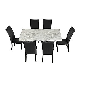 WOZNLA 7-Piece Table Set, Faux Marble Tabletop and 6 Upholstered Chairs, Enhance Your Dining Room Ambiance, Black
