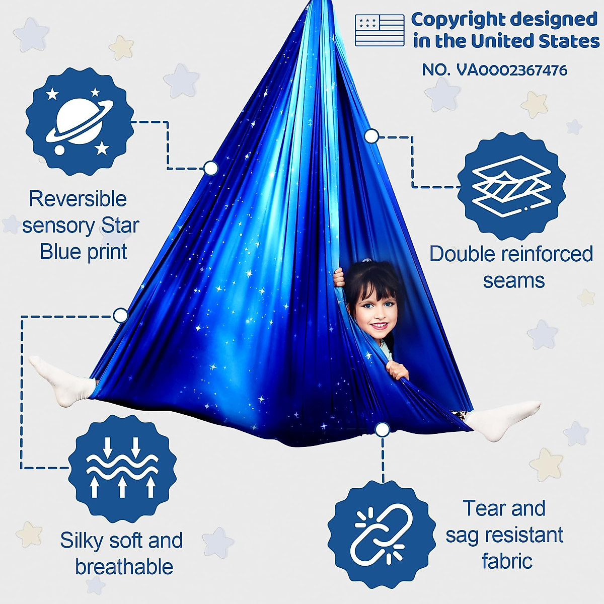 HiCamer Double Layer Sensory Swing for Kids & Adults Holds up to 300lbs Indoor and Outdoor Therapy Cuddle Swing with 360° Swivel Hanger Kit Adjustable Swing with Aspergers Autism ADHD (Star Blue)