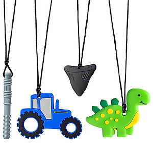 4Pcs Sensory Chew Necklaces Car Teether Shark Tooth Food Grade Silicone Teething Chewing Toy Dinosaur Chewable Pendant for Infant Nibble Oral Motor Autism ADHD Boy Girl Kids