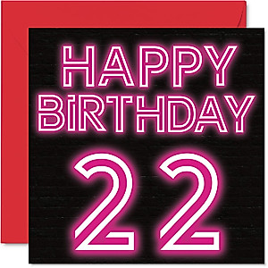Fun 22nd Birthday Cards for Men Woman - Neon Glow - Happy Birthday Card for Son Daughter Brother Sister Grandson Granddaughter Niece Nephew Uncle, 5.7 x 5.7 Inch Greeting Cards, 22nd Birthday Card