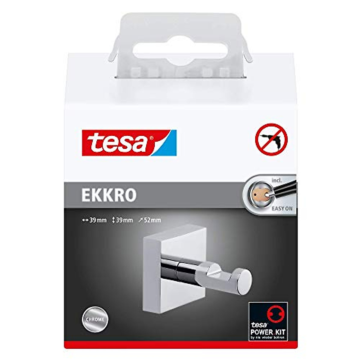 tesa EKKRO Bathroom Hook - No Drill Chromed Metal Self-Adhesive Hook for The Bathroom in Round Design - Stainless - Waterproof - Includes Removable Glue Solution