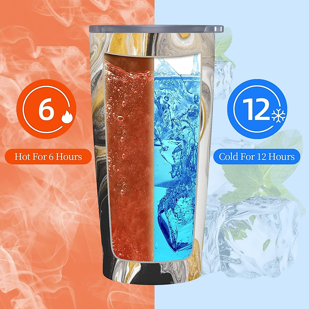 Black and Gold Swirl liquid ink marble 20oz Tumbler Stainless Steel Vacuum Insulated Double Wall Travel Tumbler, Durable Insulated Coffee Mug, Thermal Cup With Lid and Straw for Hot & Cold Drinks