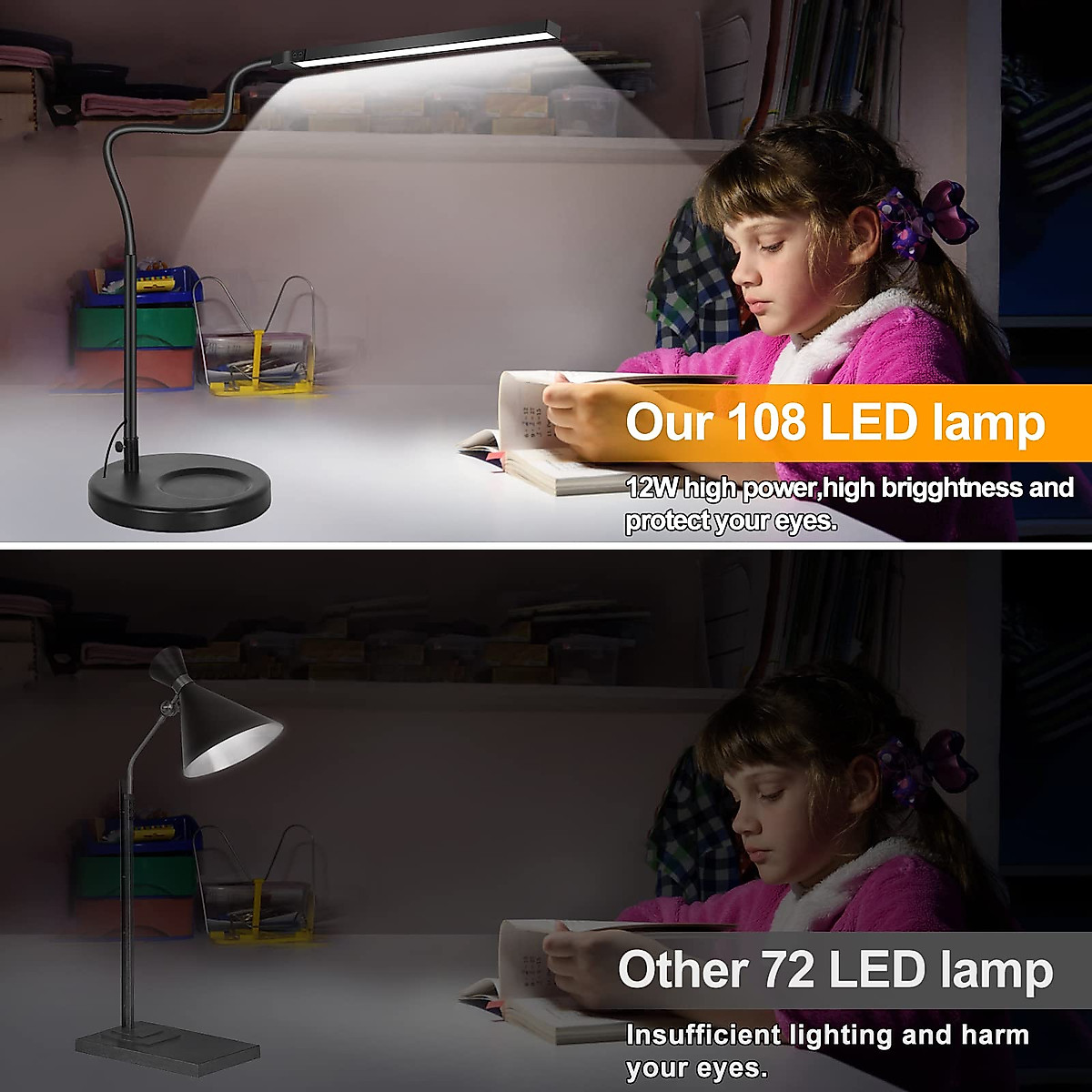 NAKOOS LED Desk Lamp with Clamp & Round Base, Eye Caring Table Lamp with Flexible Gooseneck, Touch Control 3 Color Modes, 10 Brightness Levels, Desk Light for Home Office 12W