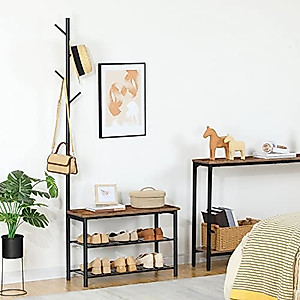 HOOBRO Shoe Bench, 28.3" Entryway Storage Bench with Coat Rack, 3-Tier Shoe Rack with Metal Mesh Shelves, Mudroom Bench, 4 in 1 Rustic Bench for Hallway, Foyer, Doorway, Bedroom BF12HX01