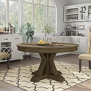 24/7 Shop at Home Van Lin Farmhouse 54-inch Solid Wood Round Dining Table with Trestle Pedestal Base, for Kitchen, Living Room, Entryway, Small Spaces, 54D x 54W x 30H in, Light Oak