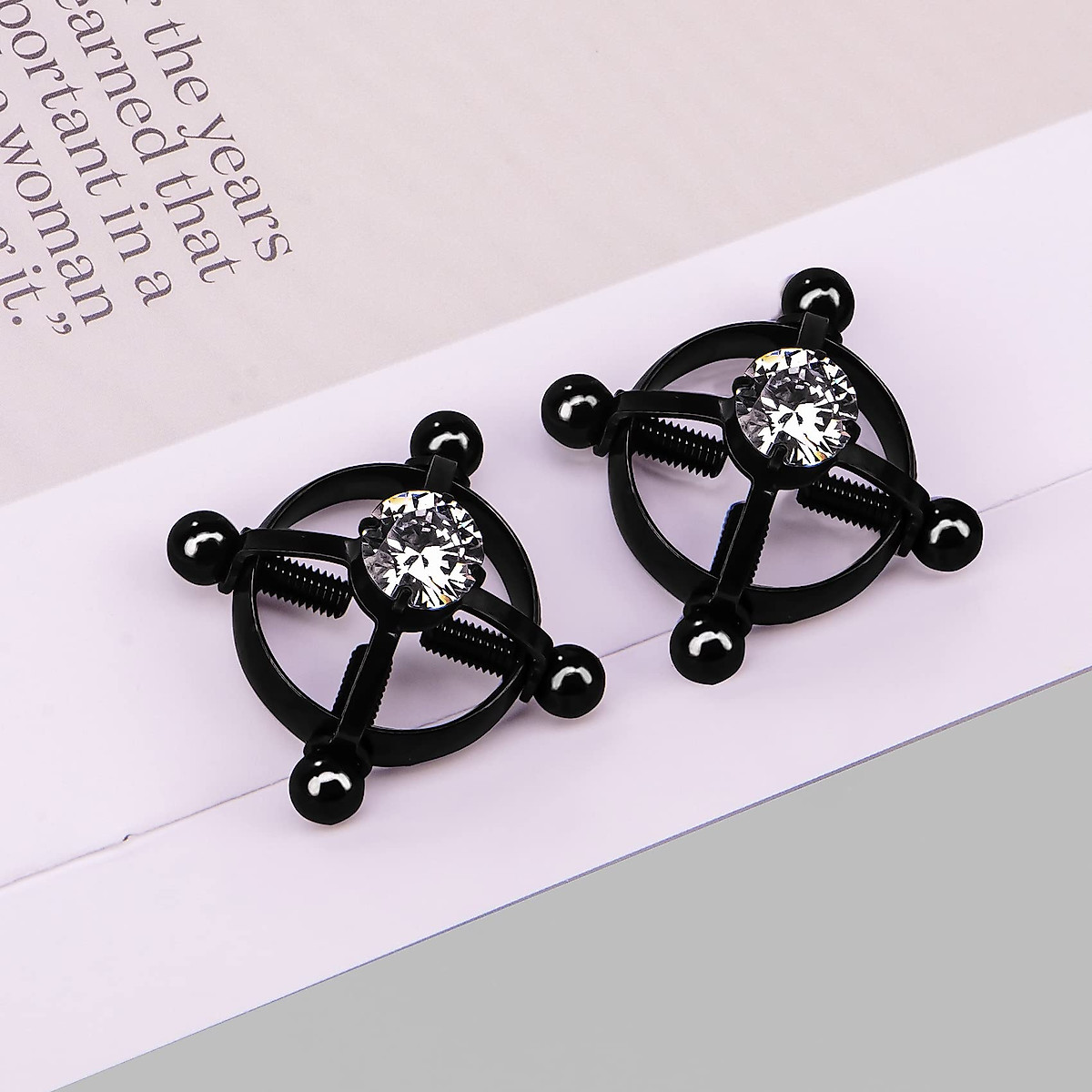 2Pcs Non-Piercing Nipple Rings Stainless Steel CZ Nipple Shield Rings Adjustable Barbell Ring Bar Nipple Rings Body Nipple Jewelry Black