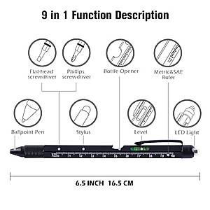 SIMGOAL 2 Piece Multi-tool Pen set,Unique Gifts for Dad-4"Ruler, Level, LED Light, Ballpoint pen, Flat/Phillips Screwdriver, Bottle Opener and Touchscreen Stylus.